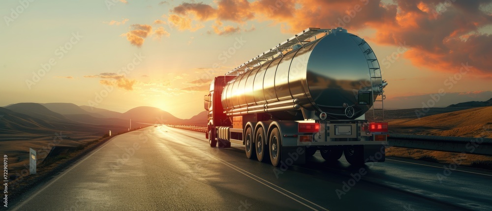 Big fuel tanker truck shipping fuel on highway road in motion. Gasoline ...