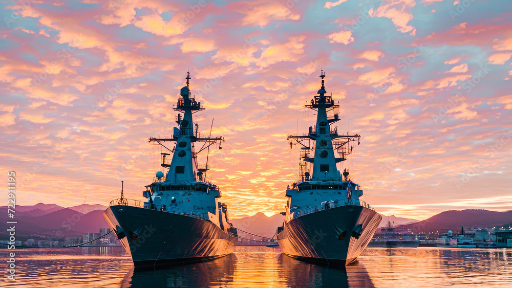 Twin military warships docked in a tranquil harbor against a stunning ...