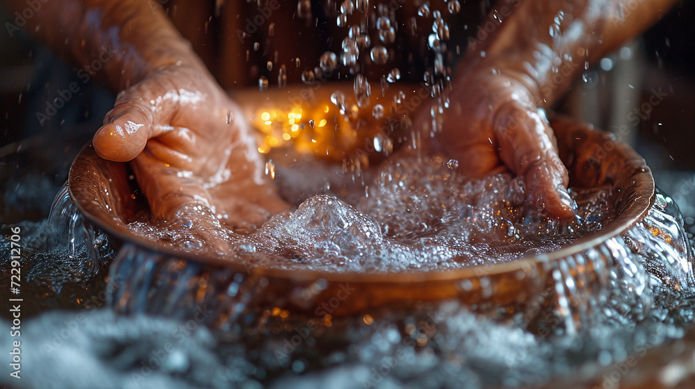 washing hands with water in a copper basin. Stock Photo | Adobe Stock