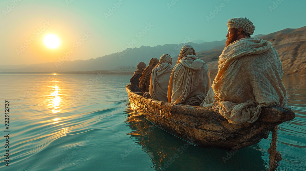 Jesus Christ with his disciples in a boat on the lake. Christian ...