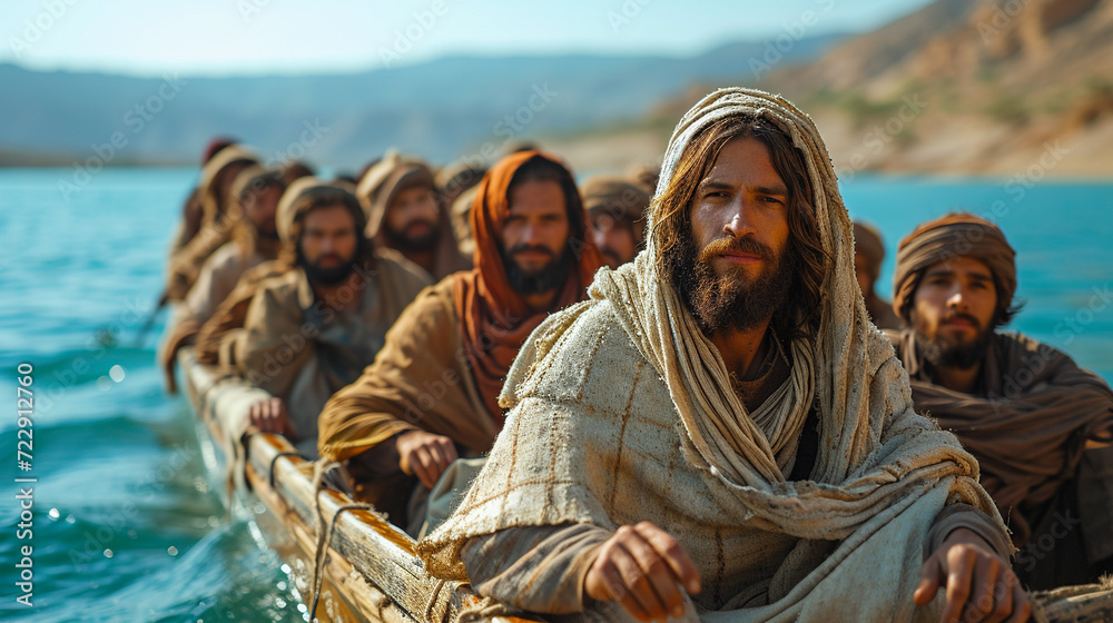 Jesus Christ with his disciples in a boat on the lake. Christian ...