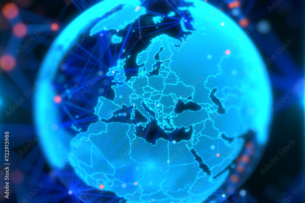 Blue holographic globe with nodes connected around earth. Concept of ...