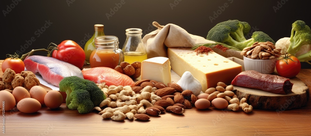 Healthy food rich in vitamin B3 niacin with structural chemical formula ...