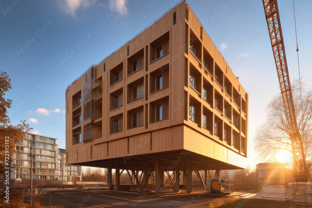 Wooden building module is raised by a crane and Modular wood ...