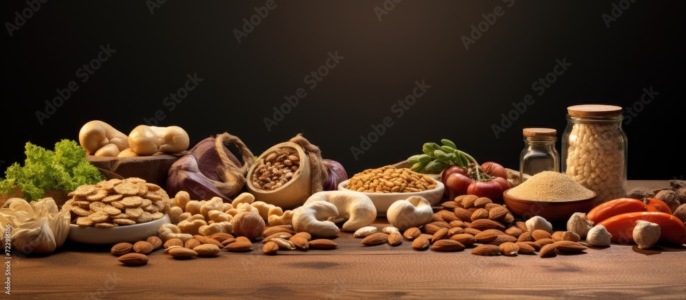 Healthy food rich in vitamin B3 niacin with structural chemical formula ...