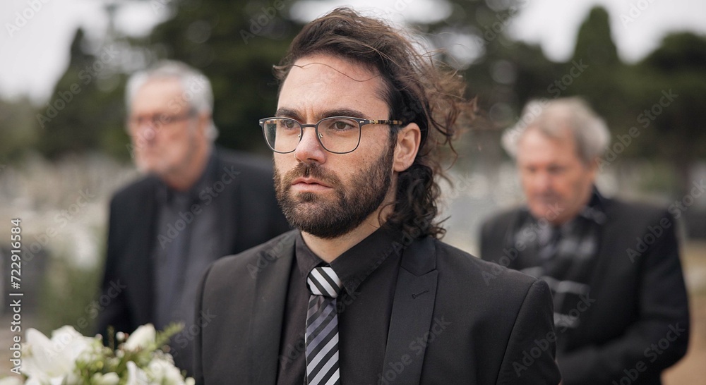 Funeral, death and man carry coffin with family in grief, mourning and ...
