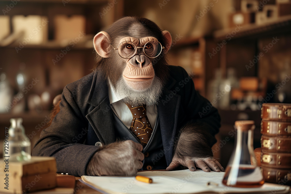a monkey dressed as a scientist professor in vintage style suit and glasses sits at his workshop ...