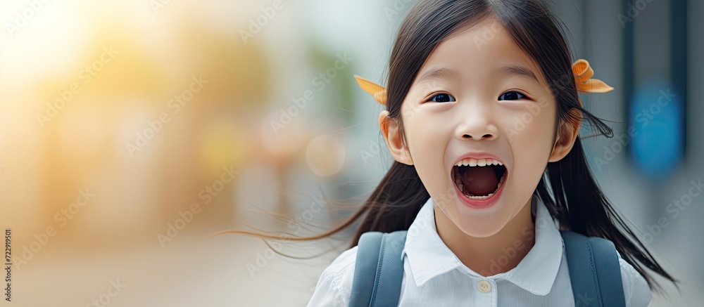 Happy Little asian girl child showing front teeth with big smile and ...