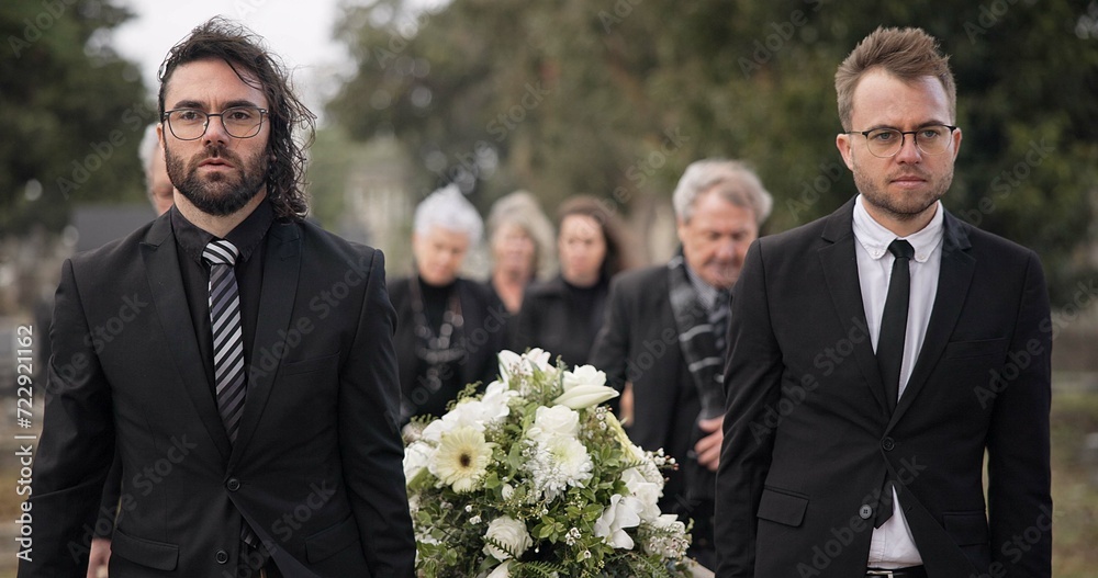 Pallbearers, men and walking with coffin at graveyard ceremony outdoor ...