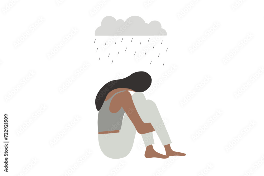 Sad and depressed woman hug her knee sitting on window.Unhappy and ...