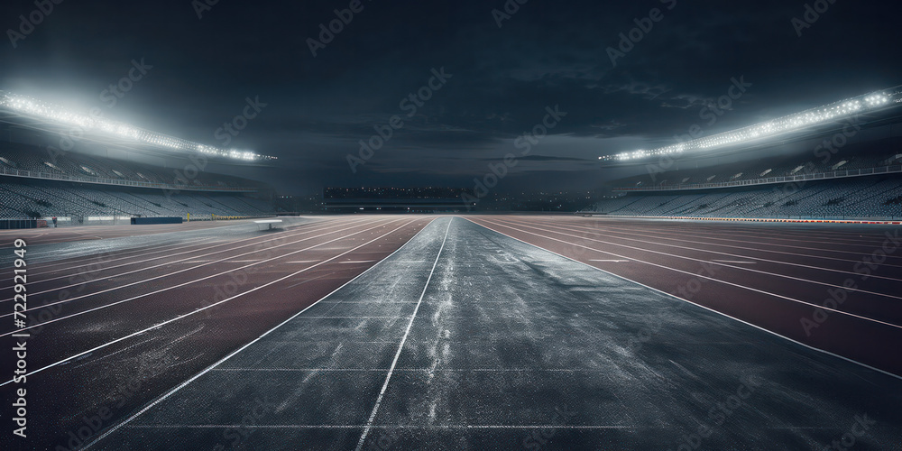 front view of an athletics stadium with a racetrack and starting blocks ...