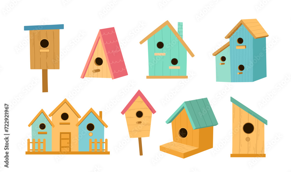 Cartoon wooden bird houses on white background. Cute diffirent ...