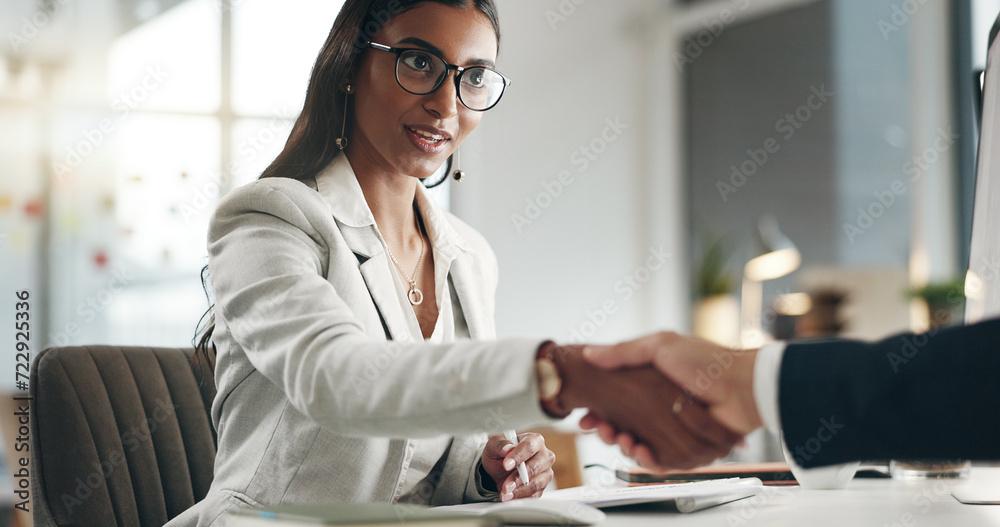 Interview, human resources and handshake, business people in ...
