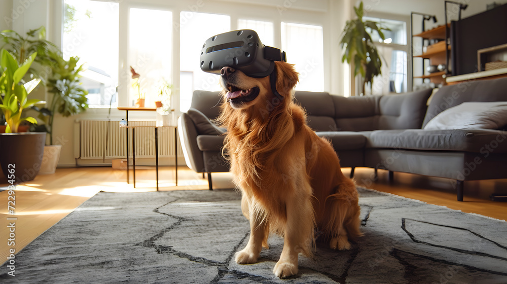Cinematic photograph of golden retriever dog wearing a vr headset ...