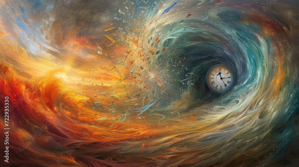 Colorful abstract painting of a clock caught in a time vortex Stock ...