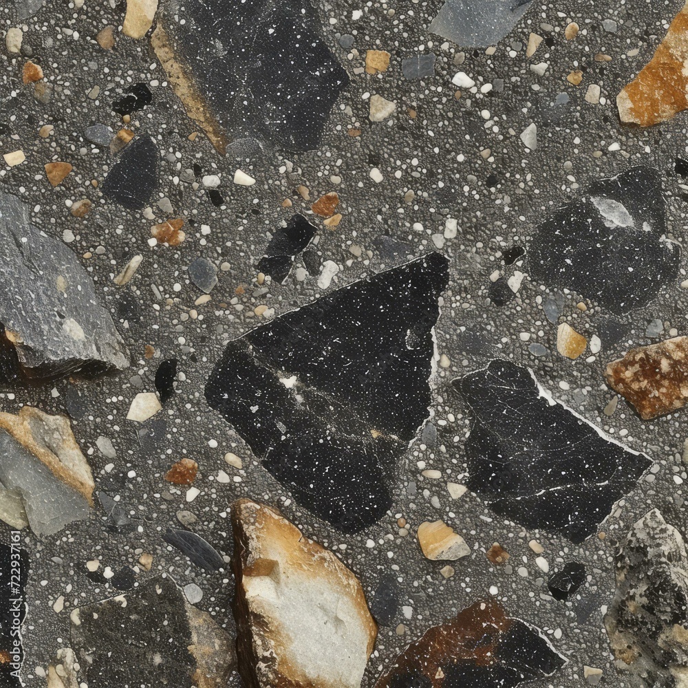 Black and grey exposed aggregate concrete flooring with large pieces of ...