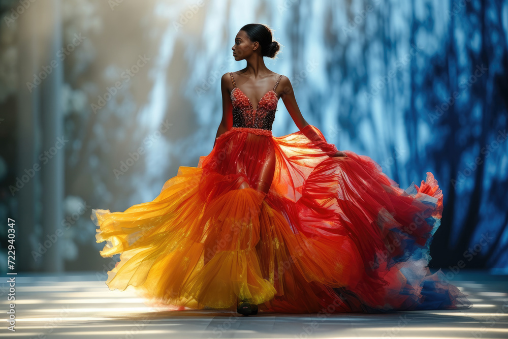 beautiful model walking on runway fashion show in designed dress Stock ...