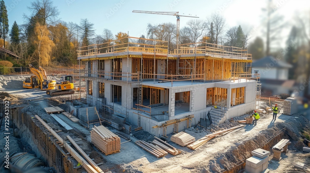 The construction site of a three-story residential building Stock ...