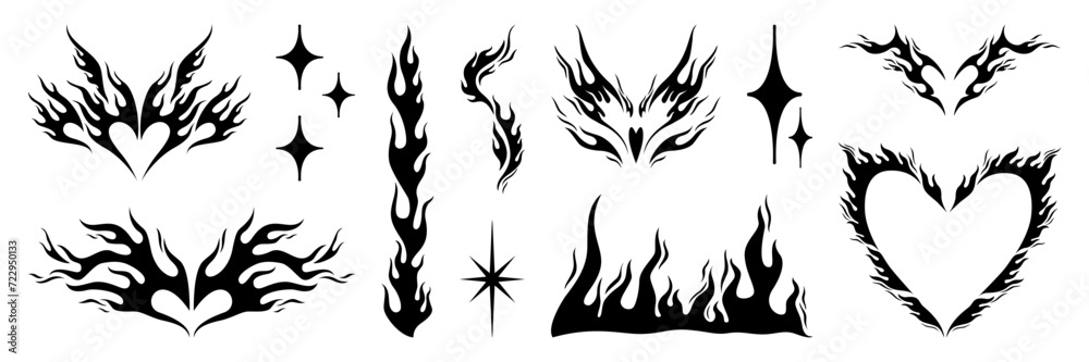 Set of y2k flame elements, star, fire and heart shape. Tattoo art hand ...