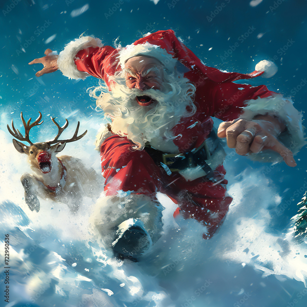 An angry Father Christmas running with Rudolph the reindeer, also known ...