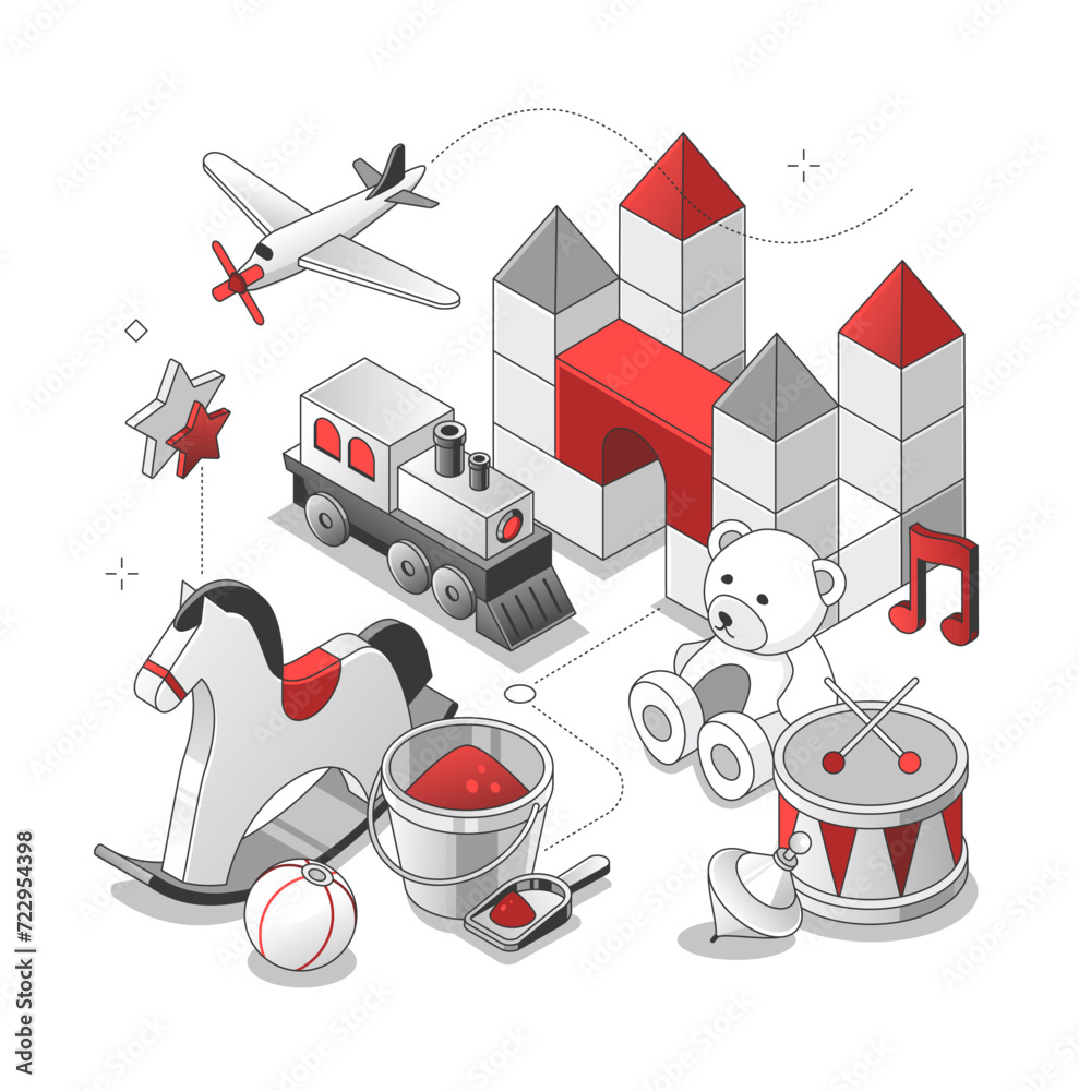 Kids toys - isometric black and red line illustration. Clean, stylish ...