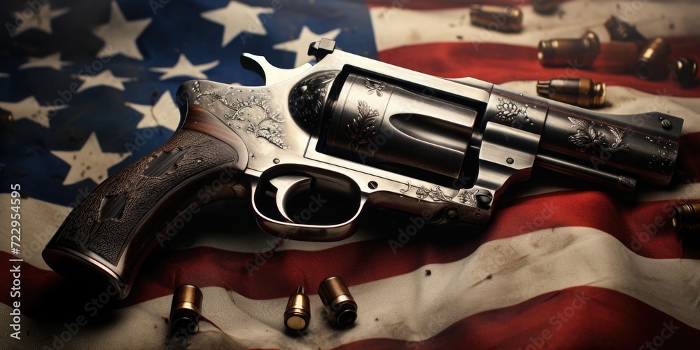 A powerful image depicting a revolver placed on top of a flag ...