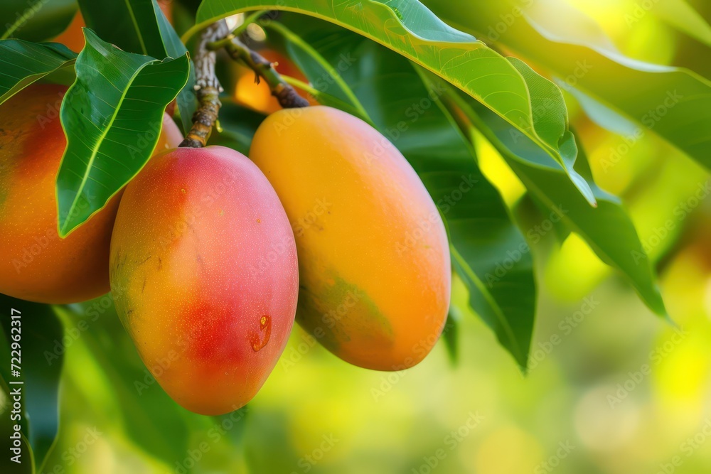 Organic ripe indian mangoes on trees, Exotic tropical summer season ...