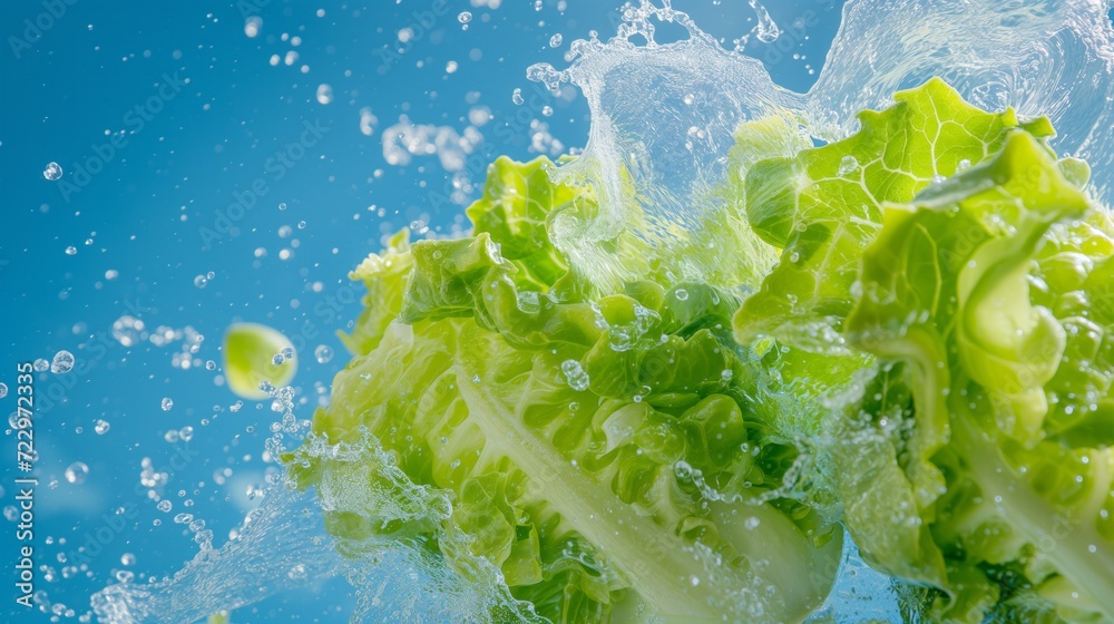 Food photography, super wide Angle, romaine lettuce with water splash ...
