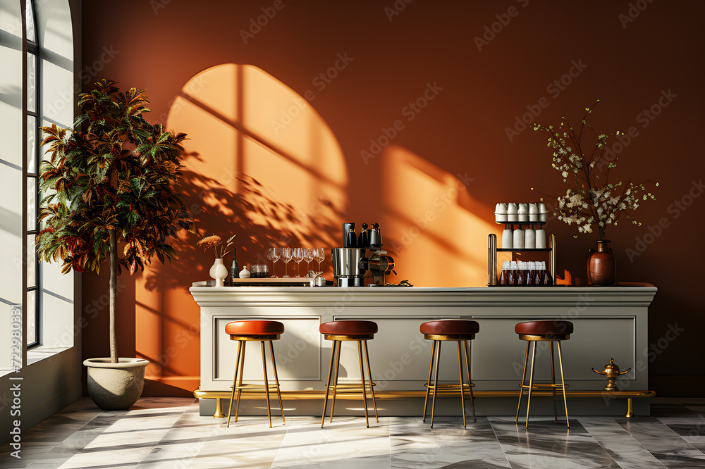 Empty room lunch bar table. Interior of modern style bar pub. brown ...