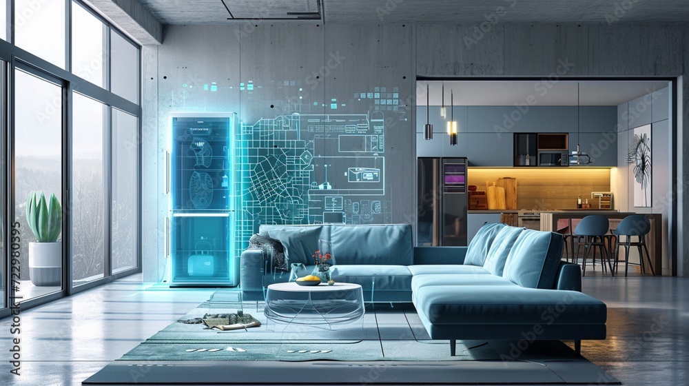 A smart refrigerator with a palm print scanner on the door ...