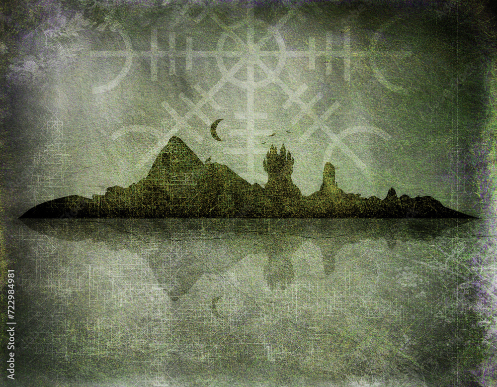 Fantasy Grunge Silhouette - Insel mit Wolf, Burg und Spiegelung im ...