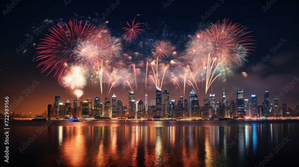 spectacular fireworks display lighting up the night sky to welcome the ...