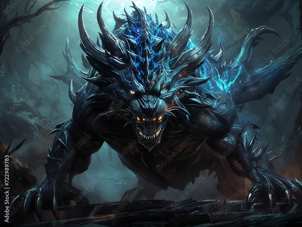 An enormous monster with glowing green eyes and sharp teeth stands in a ...