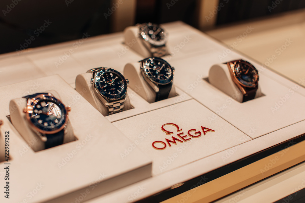 Collection of luxury Omega watches, famous brand shop window display in ...