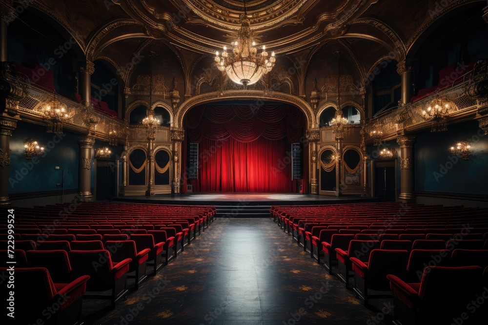 Theater stage with red curtains, spotlights and empty seats rows ...