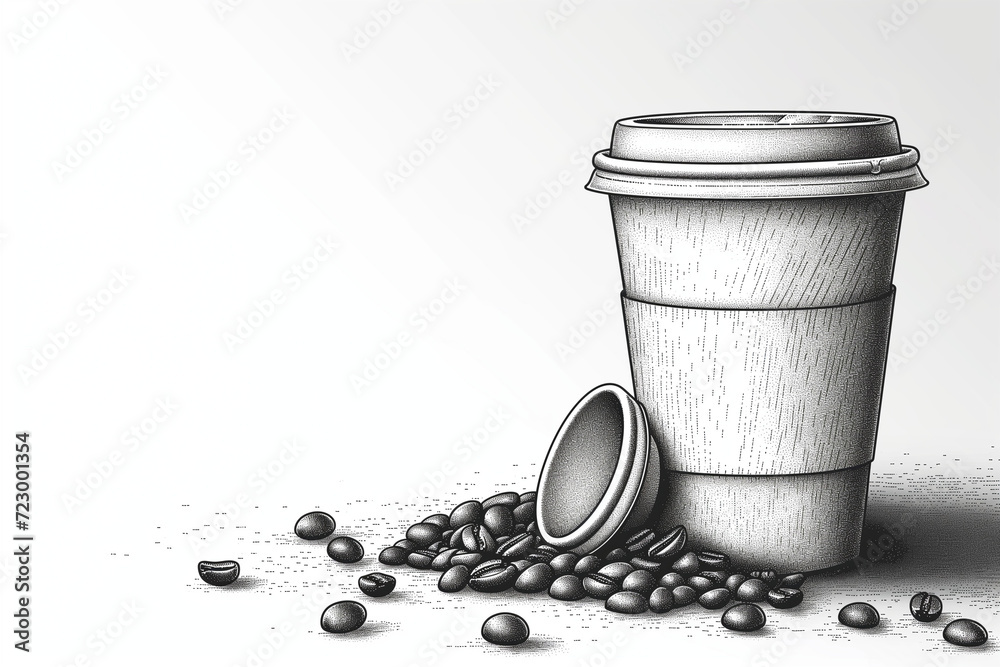 Coffee cup with coffee beans illustration, drawing in hatching style ...