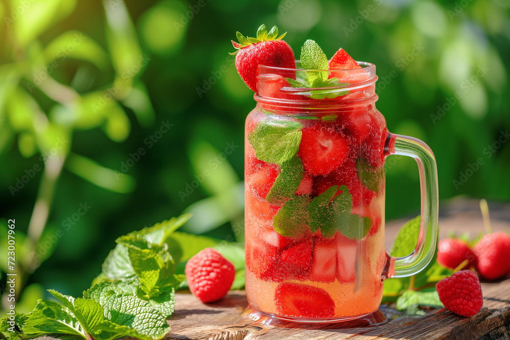 Delicious lemonade with soda water with fresh strawberry. Fresh summer ...