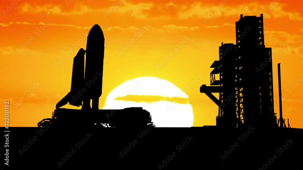 Vidéo Stock Shot of spaceport area with rocket against sunset sky in ...