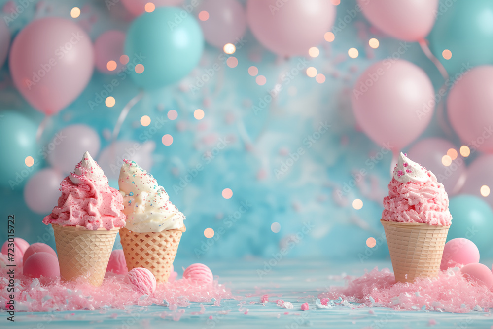 Happy birthday party background. Balloons, ice cream, glitter on pastel ...