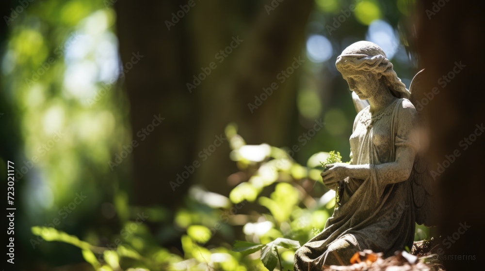 Angel statue grieving and praying on graveyard at golden hour in summer ...