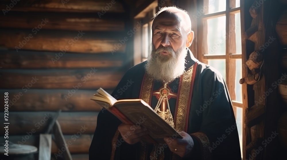 Orthodox priest in traditional robe holds open Bible standing in cell ...