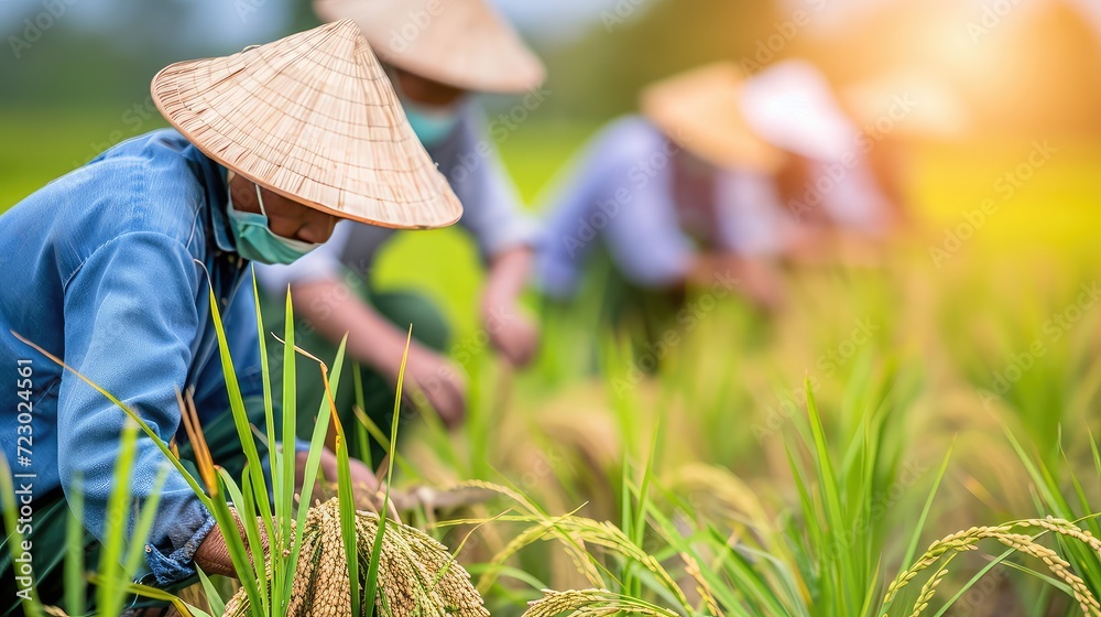 Amidst the vast expanse of the rice field, Asian men and women move as ...