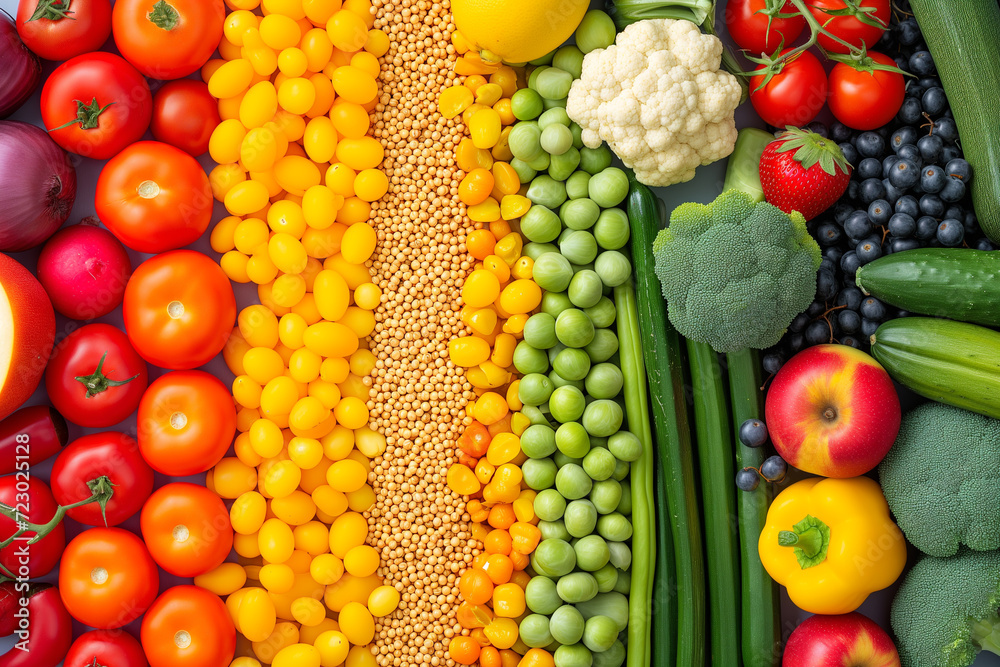 Colorful vegetables and fruits vegan food in rainbow colors. Assortment ...