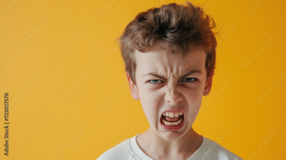 Portrait of an angry young boy with blue eyes, fair hair, yellow studio ...