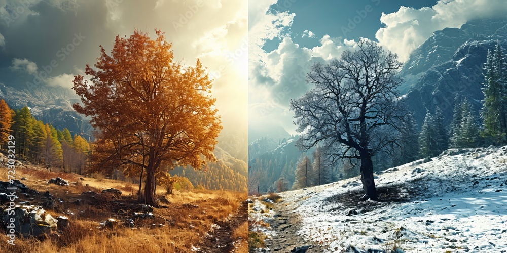 Foto de split comparison view of different summer vs winter seasons ...