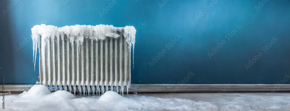 Fotka „Frozen Over Radiator with Icicles and Snow. A classic white ...