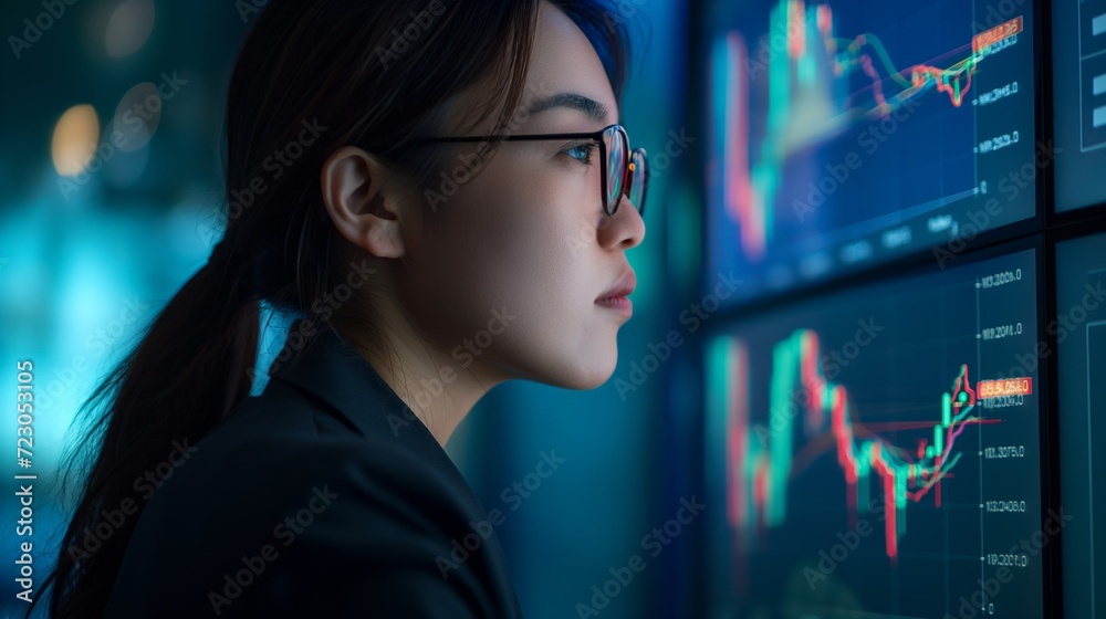 Digital screen, featuring graphs, static and data analysis. A female ...