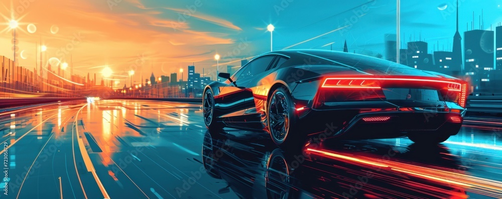 Automated self driving futuristic electric car driving on highway as ...