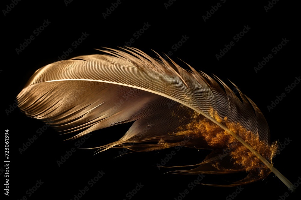 Golden magical feather freedom. Mythical angelic gold ethereal floating ...