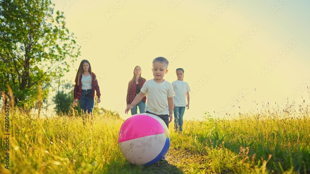 children playing ball in the park. happy family a kid dream concept. a little boy and a group of ...